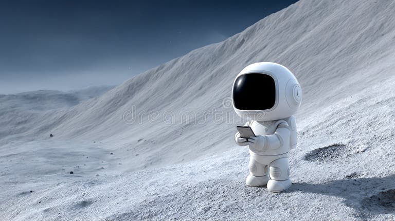 Cute Tiny Robot in Space on the Moon Using Smartphone. Chatbot Technology, Isometric. Technology ...