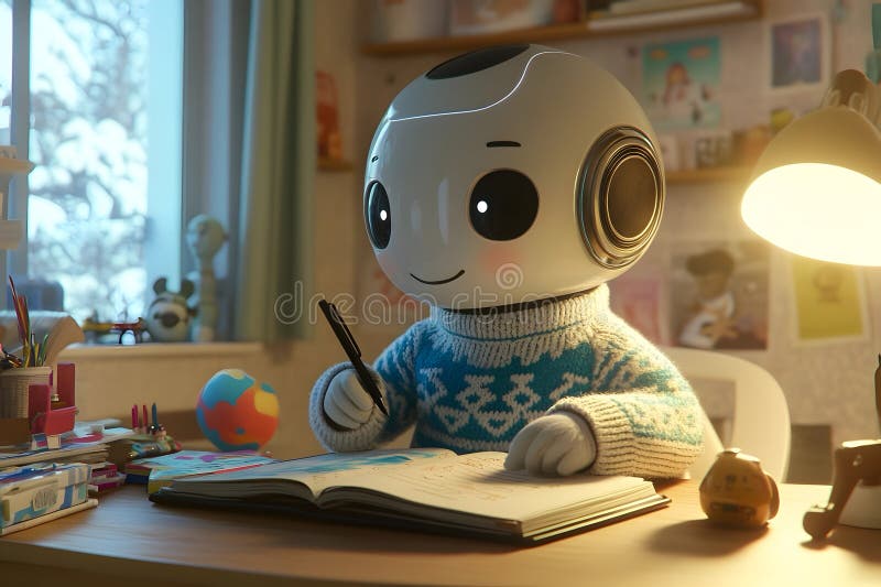 A Cute Tiny Robot Wearing a Sweater Doing His Homework, Concept of AI ...