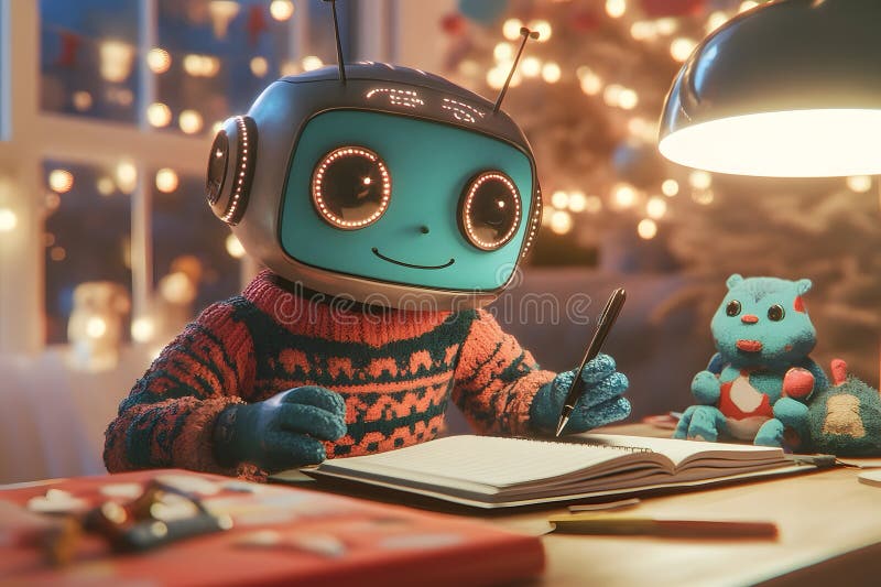 A Cute Tiny Robot Wearing a Sweater Doing His Homework, Concept of AI ...