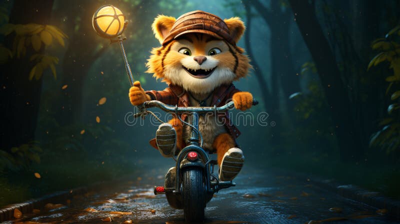 Cute Tiny Tiger Riding Cycle in Rain Stock Illustration - Illustration ...