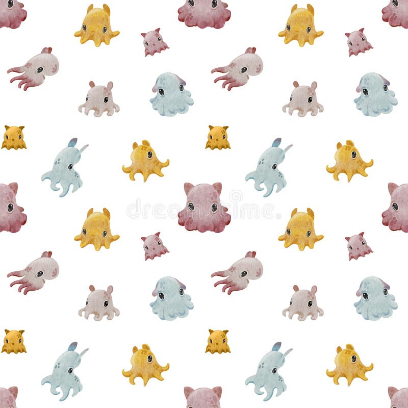 Cute Tiny Watercolor Dumbo Octopus in Pastel Colors Seamless Pattern ...