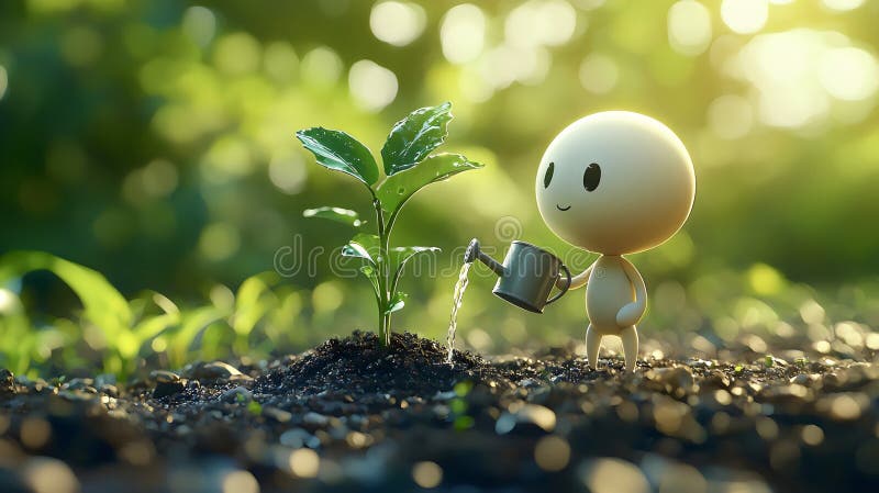 Cute Tiny White Stick Figure Watering the Tree with a Watering Can in ...