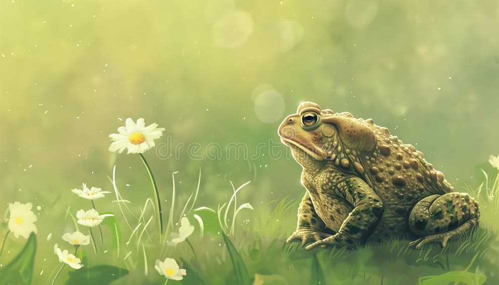 Cute Toad Sitting on Grass, Looking at Daisy Stock Illustration ...
