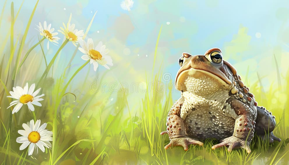 Cute Toad Sitting on Grass, Looking at Daisy Stock Illustration ...
