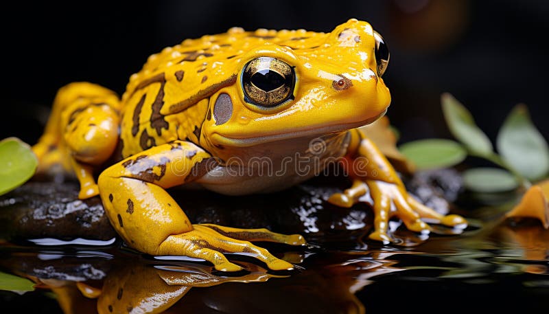 Cute Toad Sitting on Leaf, Looking at Reflection in Pond Generated by ...