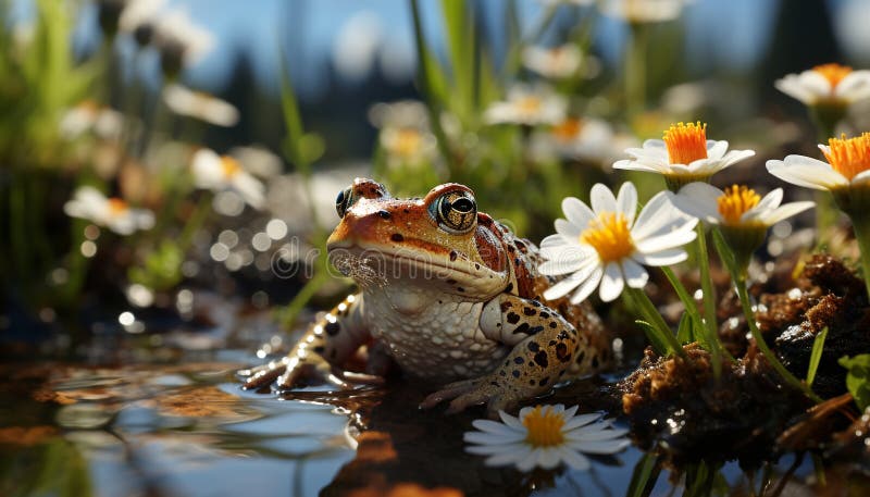 A Cute Toad Sitting on a Wet Daisy Generated by AI Stock Photo - Image ...