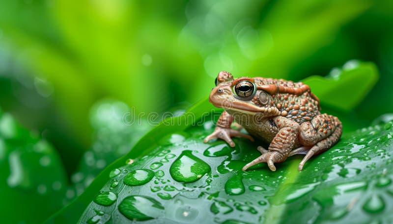 A Cute Toad Sitting on a Wet Leaf in the Forest Stock Illustration ...