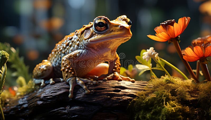 Cute Toad Sitting on Wet Leaf, Looking Away Generated by AI Stock ...