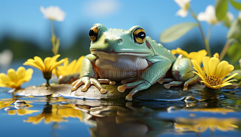 Cute Toad Sitting on Wet Leaf, Looking at Camera Generated by AI Stock ...