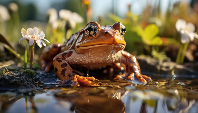 Cute Toad Sitting on Wet Leaf, Looking Generated by AI Stock Image ...