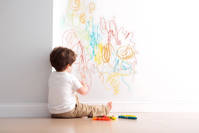 Toddler Creating Colorful Masterpiece on Wall, Adorable Child Drawing ...