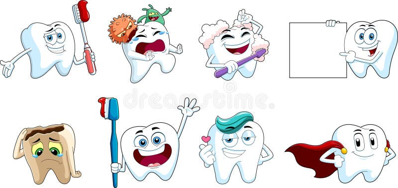 Cute Tooth Cartoon Characters. Vector Hand Drawn Collection Set Stock ...