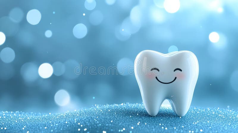 Cute Tooth Character Smiling with a Glittery Blue Background Stock ...