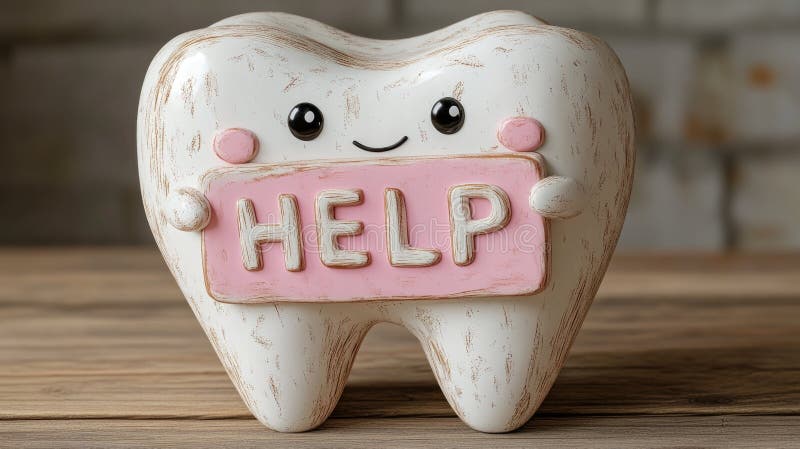 Cute Tooth-shaped Figurine Holding Help Sign on Wooden Table Stock ...