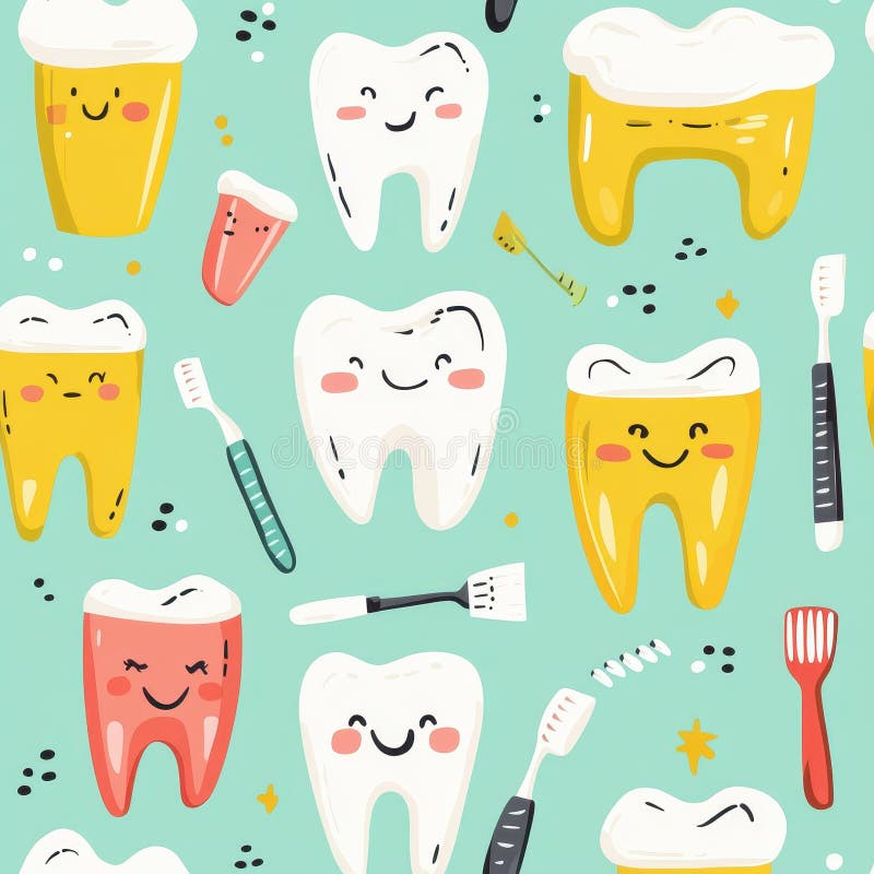 Cute Tooth and Toothbrush Pattern with Smile Faces Stock Illustration ...