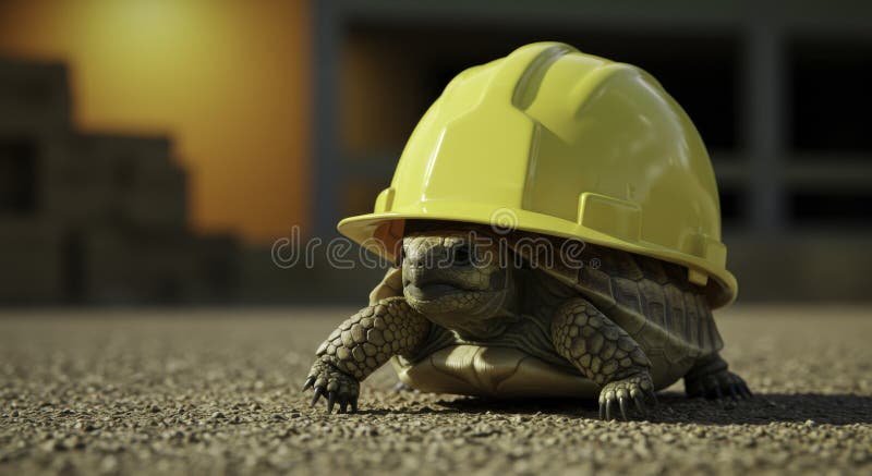 Cute Tortoise Wearing a Yellow Hard Hat on Construction Site Stock ...