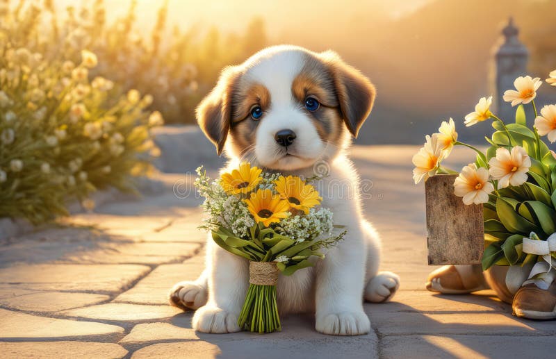 Cute Touching Puppy Asks for Forgiveness and Gives Flowers Stock Image ...