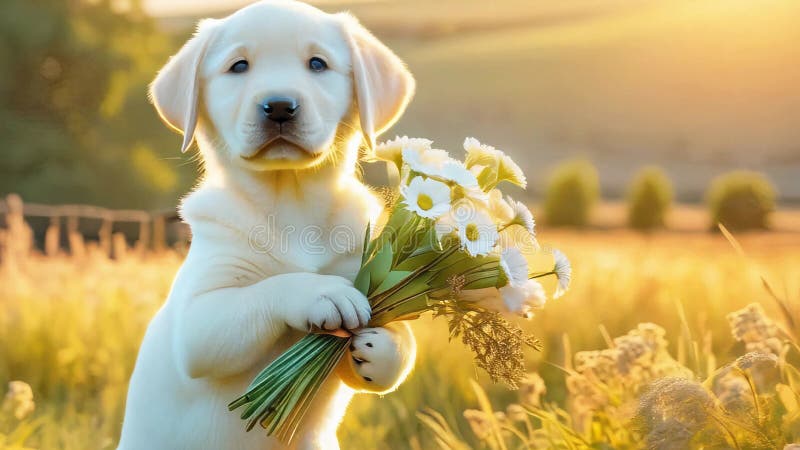 Cute Touching Puppy Asks for Forgiveness and Gives Flowers Stock Video ...