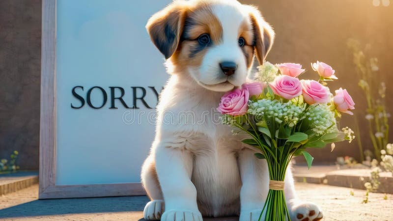 Cute Touching Puppy Asks for Forgiveness and Gives Flowers Stock ...
