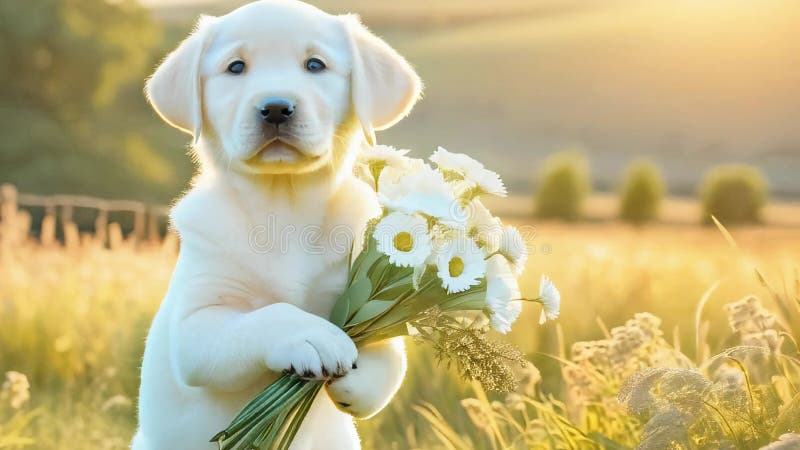 Cute Touching Puppy Asks for Forgiveness and Gives Flowers Stock ...
