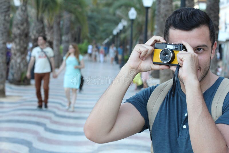 Cute Tourist Snapping a Photo with a Vintage Camera Stock Image - Image ...