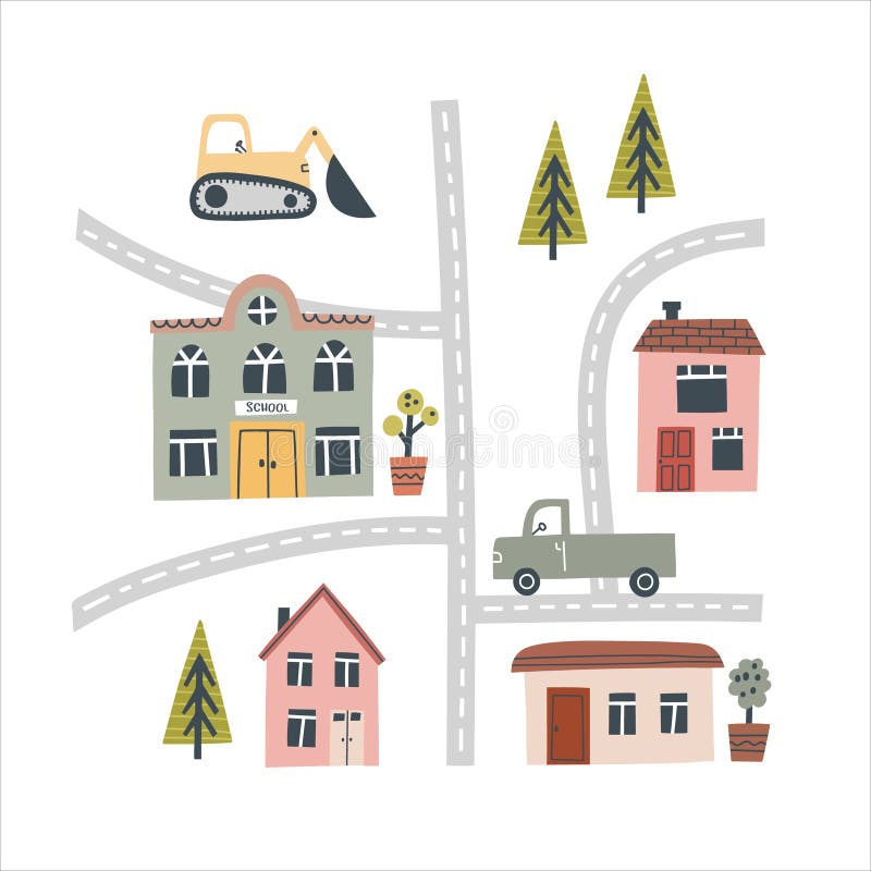 Cute Town Map. Hand Drawn Vector Illustration for Nursery Stock Vector ...