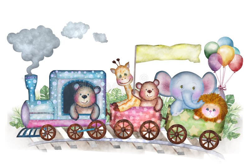 Cute Train Engine and Jungle Animal Passengers Hand-painted and ...