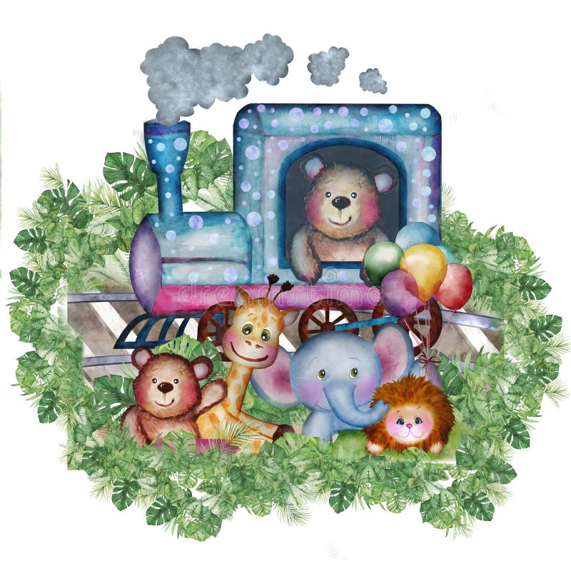 Cute Train and Jungle Animal Passengers Hand-painted and Digitally ...
