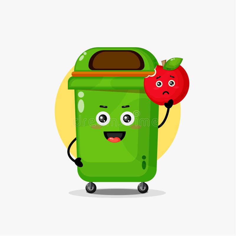 Cute Trash Can Character Carrying Red Apple Stock Vector - Illustration ...