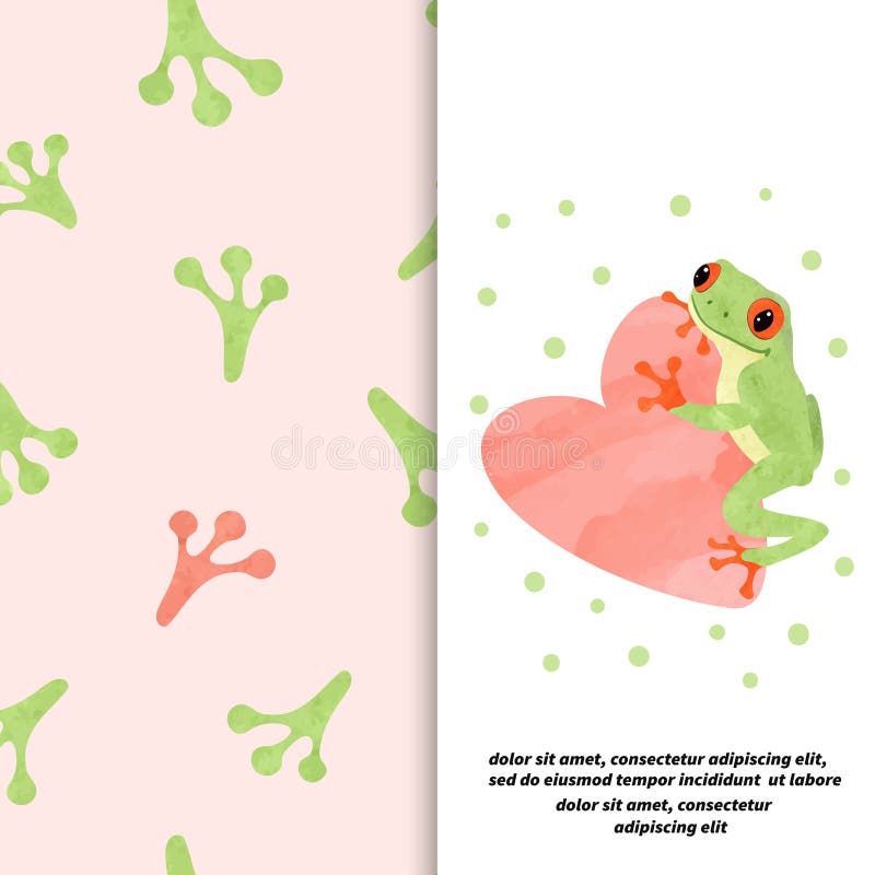 Cute Tree Frog and Watercolor Heart. Vector Frogs Tracks Pattern Stock ...