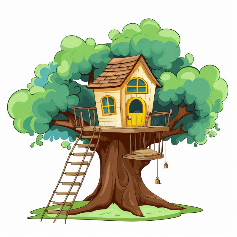 Cute Tree House Cartoon in the Garden, Vector Illustration Stock ...