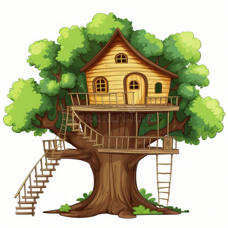 Cute Tree House Cartoon in the Garden, Vector Illustration Stock ...
