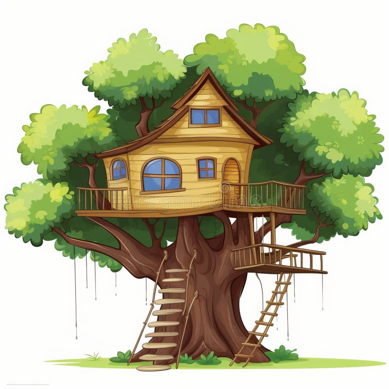 Cute Tree House Cartoon in the Garden, Vector Illustration Stock ...