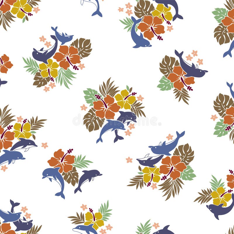 Cute Hibiscus and Dolphin Pattern Suitable for Textiles, Stock Vector ...