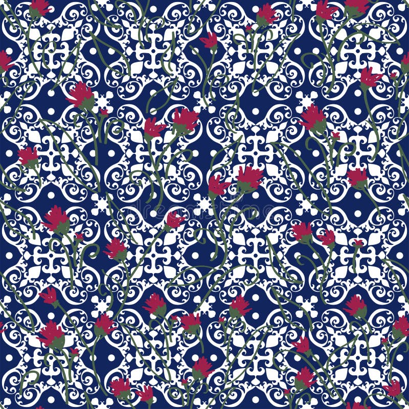 Cute Tropical Flower and Tile Vector Background Pattern Seamless Stock ...