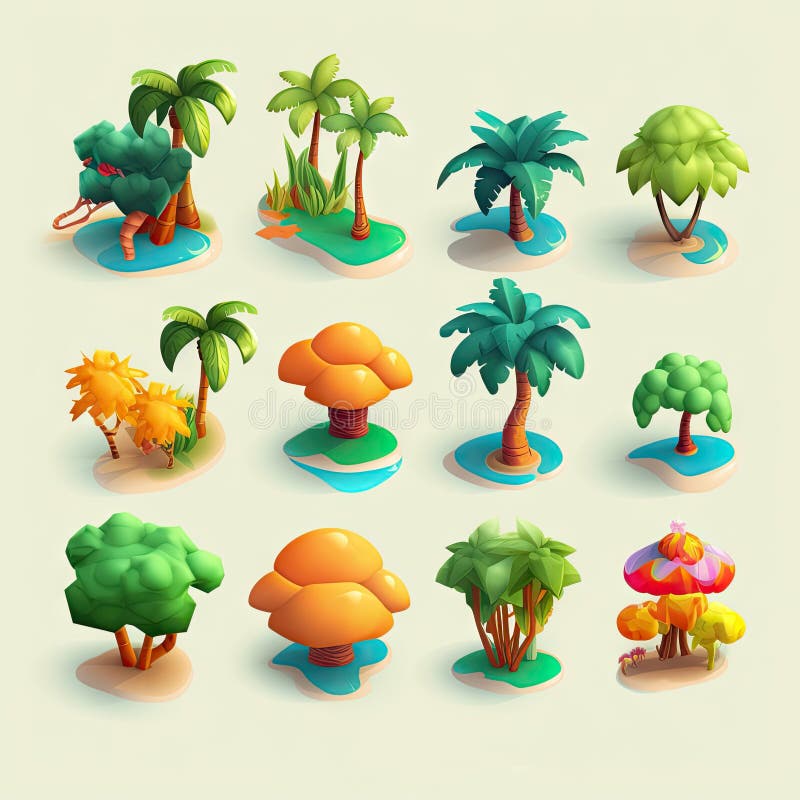Cute Tropical Island Icons for Game Assets. Stock Illustration ...