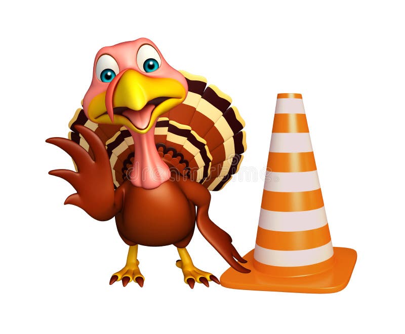 Cute Turkey Cartoon Character with Construction Cone Stock Illustration ...
