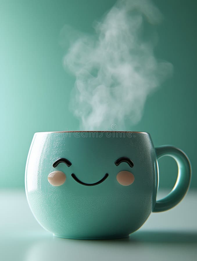 Cute Turquoise Mug with Smiley Face and Steam on Teal Background. Stock ...