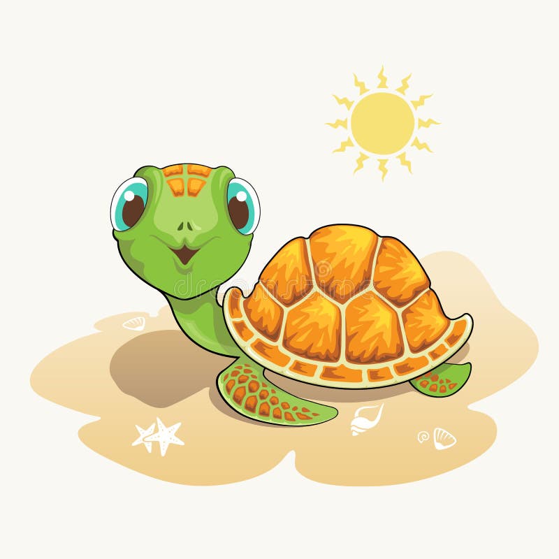 Cute Turtle Cartoon on the Beach Stock Vector - Illustration of hard ...