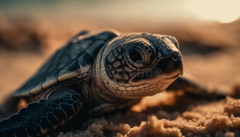 Cute Turtle Crawling on Sand, Focus on Shell and Head Generated by AI ...