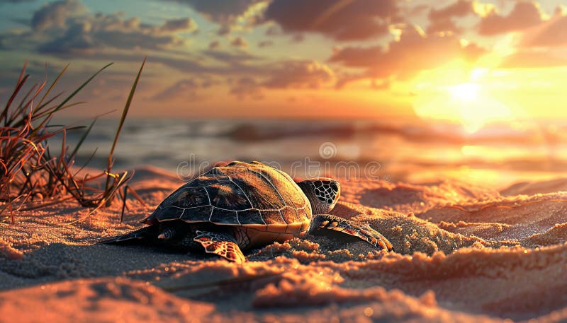 Cute Turtle Crawling on Sand, Sunset Beauty in Nature Stock ...
