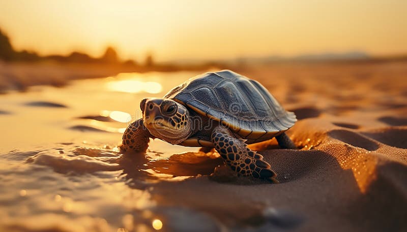 Cute Turtle Crawling on Sand, Sunset Beauty in Nature Generated by AI ...