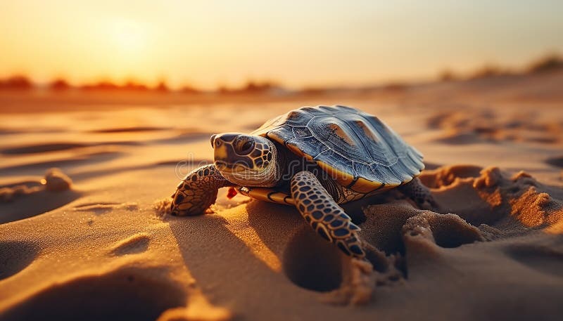 Cute Turtle Crawling on Sand, Sunset Beauty in Nature Generated by AI ...