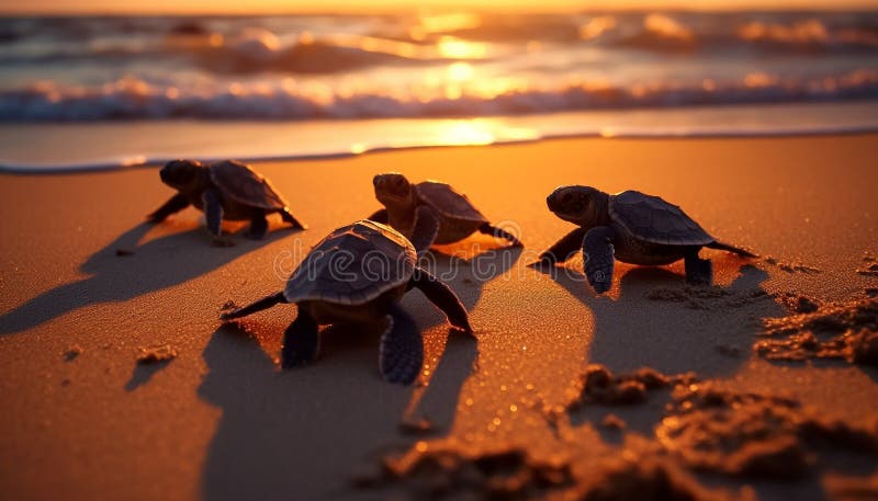 Cute Turtle Crawling on Sandy Beach at Sunset Generated by AI Stock ...