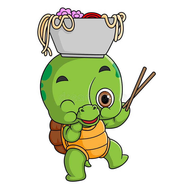 Cute Turtle Eating Noodle Bowl with Chopstick Stock Vector ...