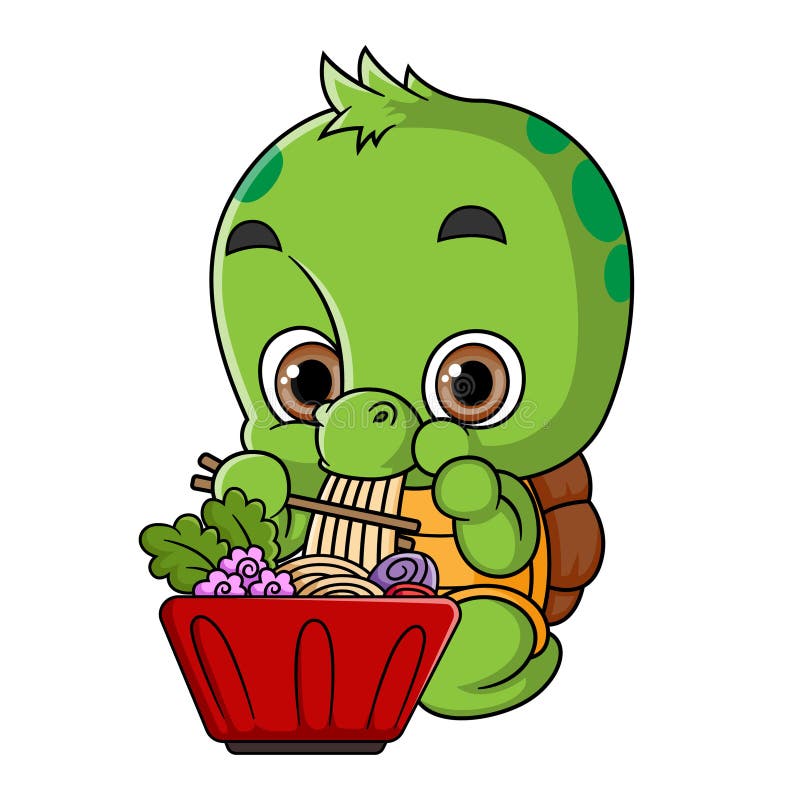 Cute Turtle Eating Noodle Bowl with Chopstick Stock Vector ...