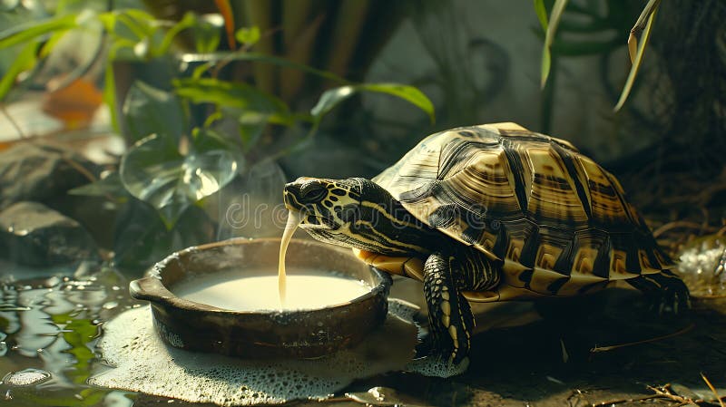 Cute Turtle Enjoying a Refreshing Drink of Milk in a Cozy Indoor ...