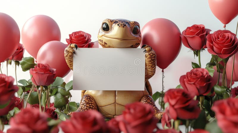 Cute Turtle Holding a Blank Sign Surrounded by Balloons and Roses on ...