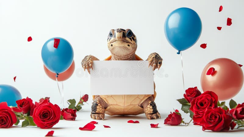 Cute Turtle Holding a Blank Sign, Surrounded by Balloons and Roses on a ...