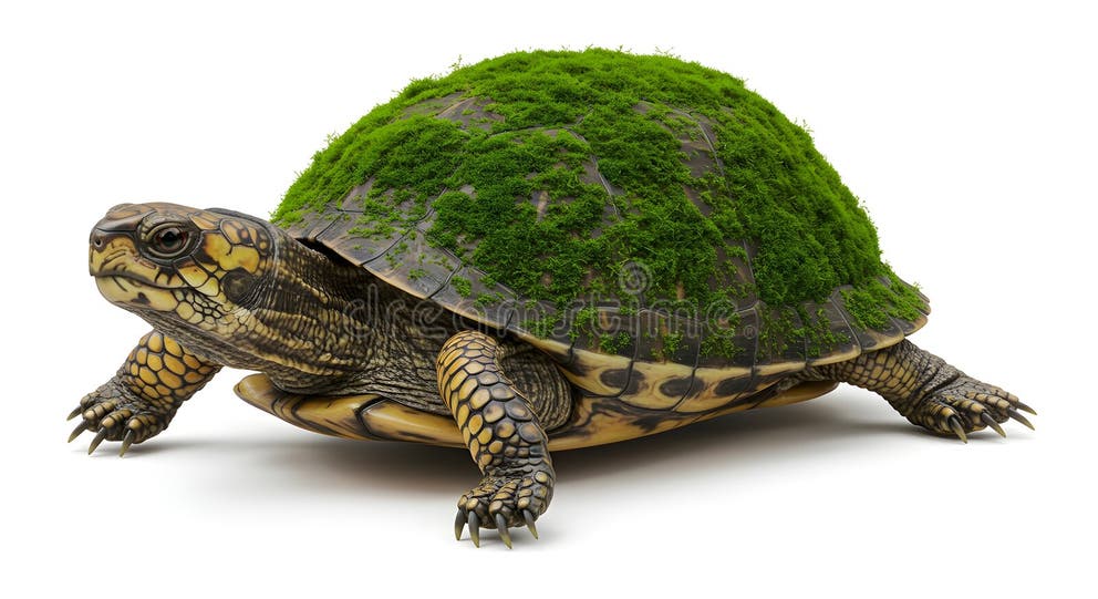 Cute Turtle with Mossy Shell: a 3D Render Stock Photo - Image of render ...
